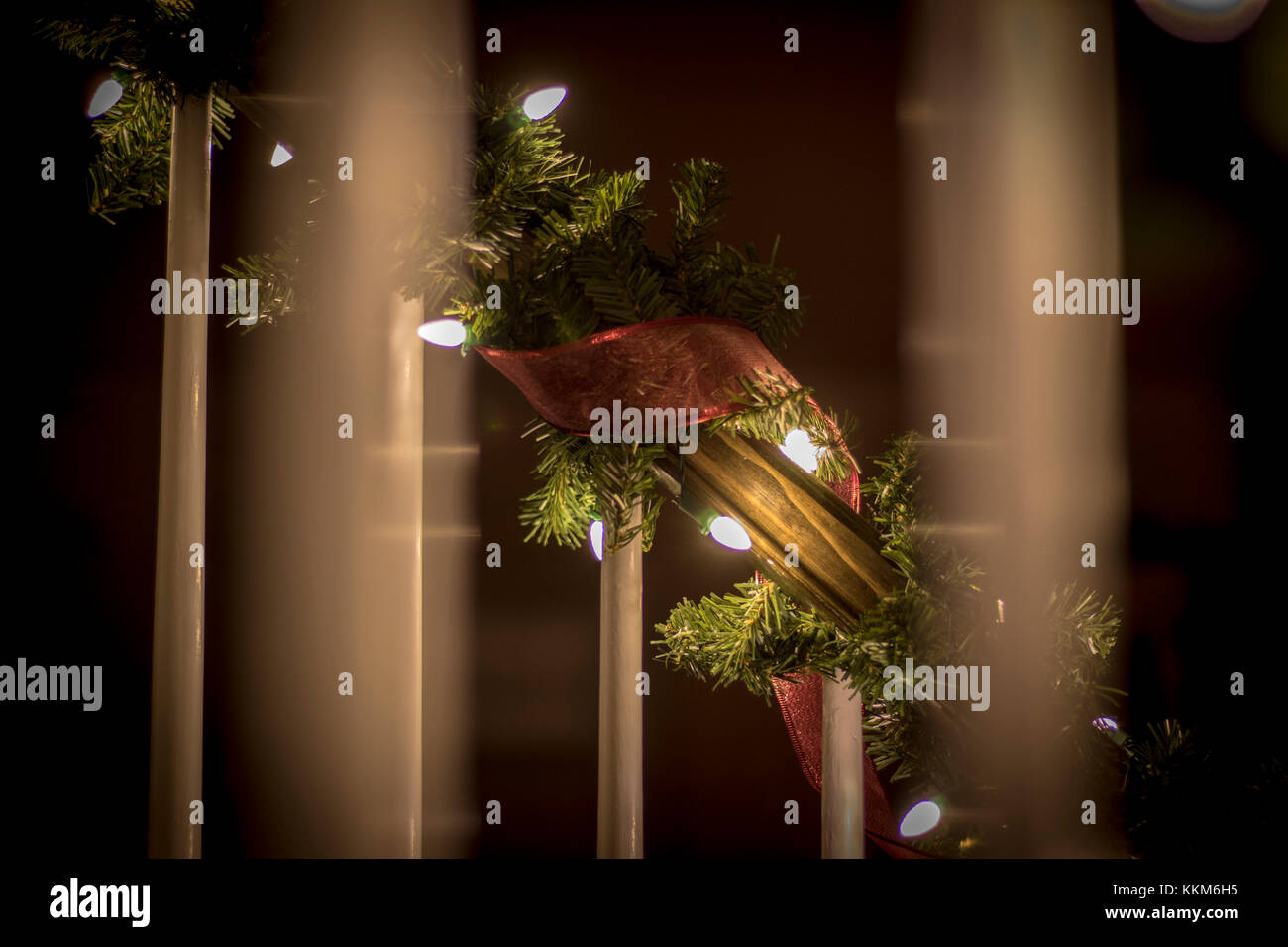 Christmas Long Exposure Tree and Ornaments at Night with ribbon and ...