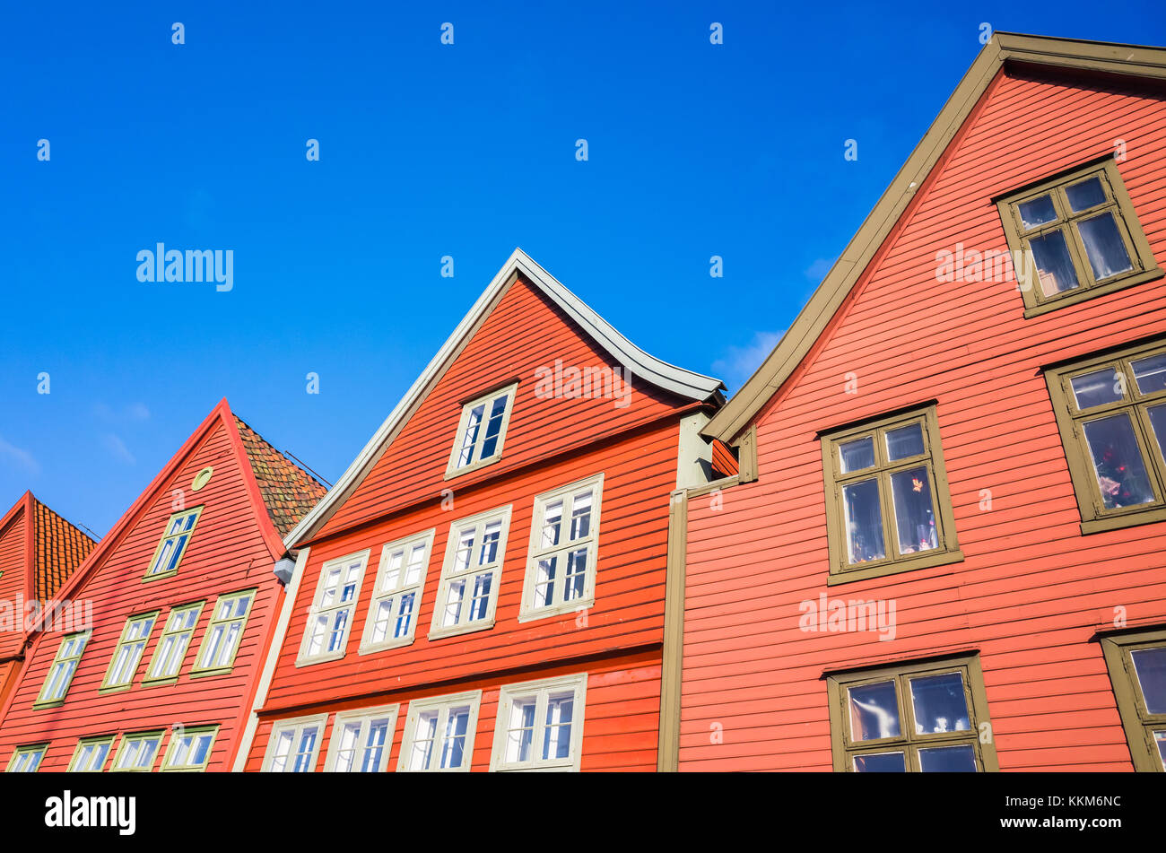 Traditional Norwegian red wooden houses, Bergen Bryggen, Norway Stock ...