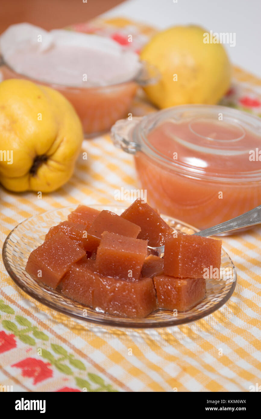 Close up of traditional quince jam homemade with natural ingredients ...