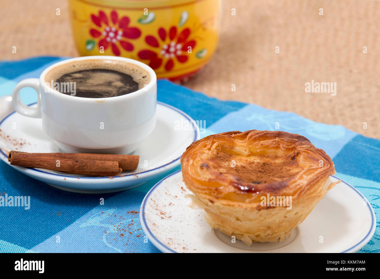 Typical Portuguese breakfast with expresso coffee and egg custard ...