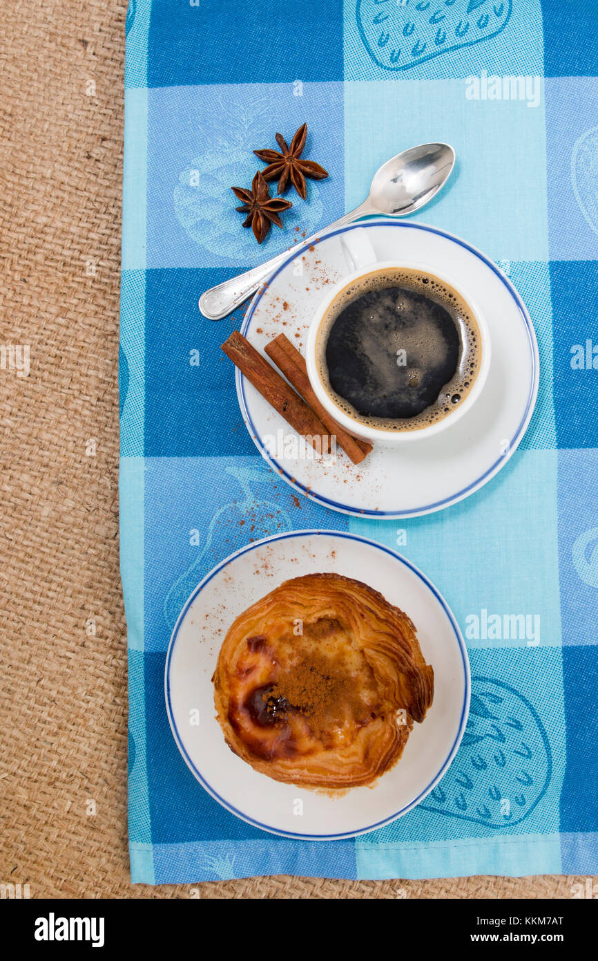 Typical Portuguese breakfast with expresso coffee and egg custard ...