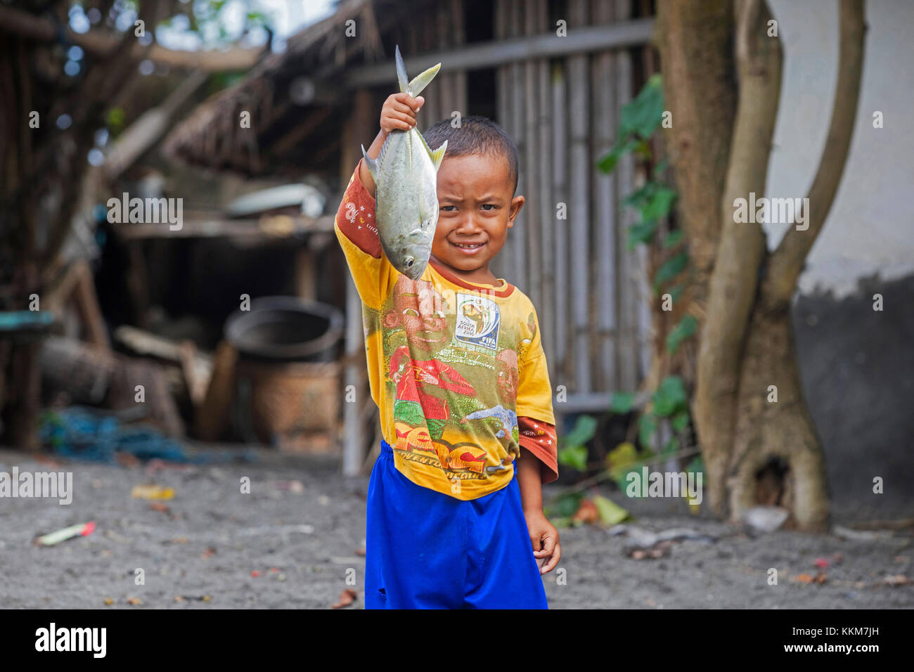 Proud Indonesian child showing caught fish in a small fishing village ...