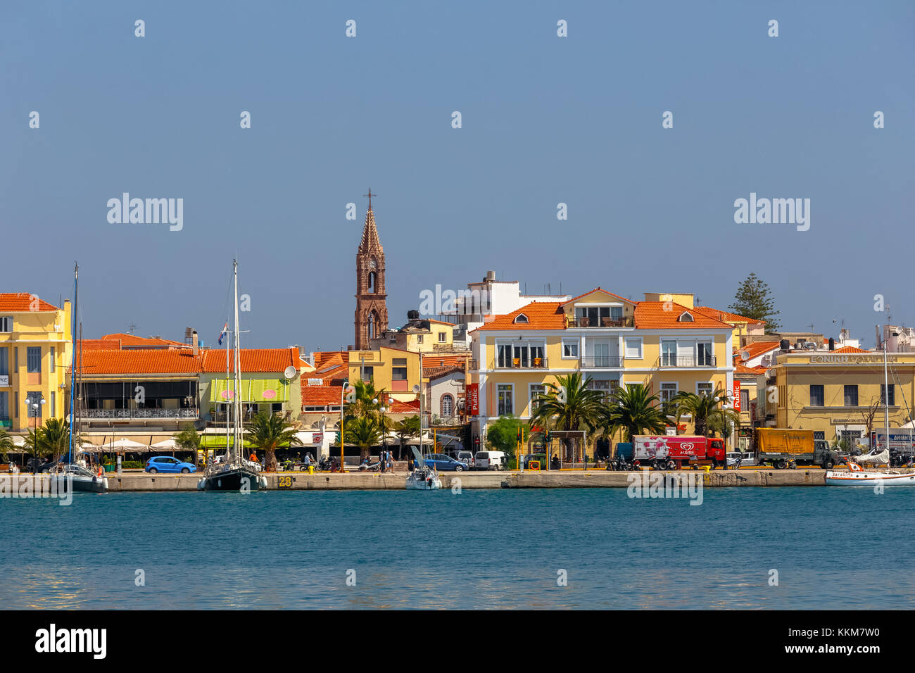 Panoramic shot of Mytilene town in Lesvos island, Greece. Mitilene is ...