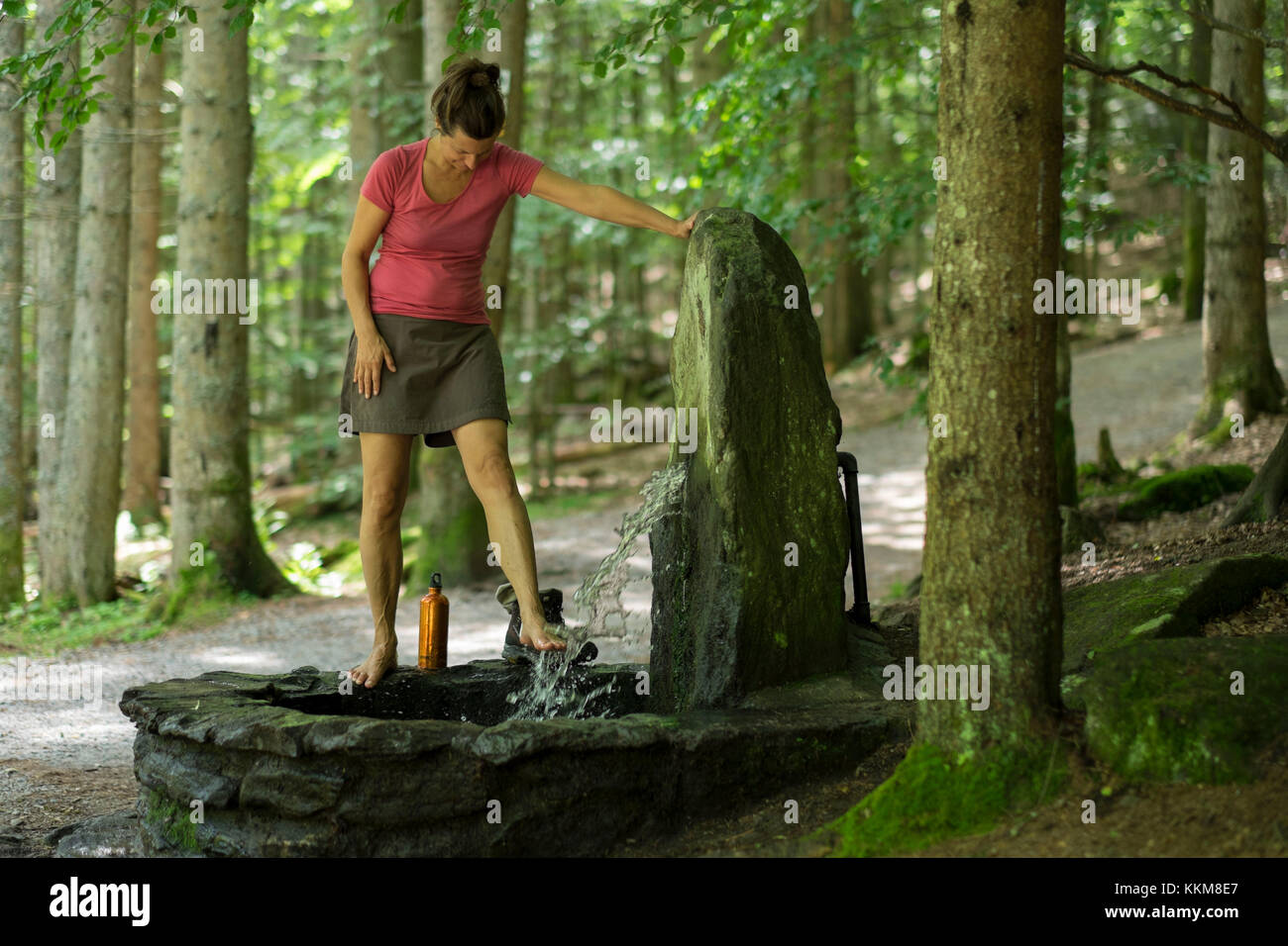 Hiking scene on the Goldsteig to the Falkenstein, Bavarian Forest ...