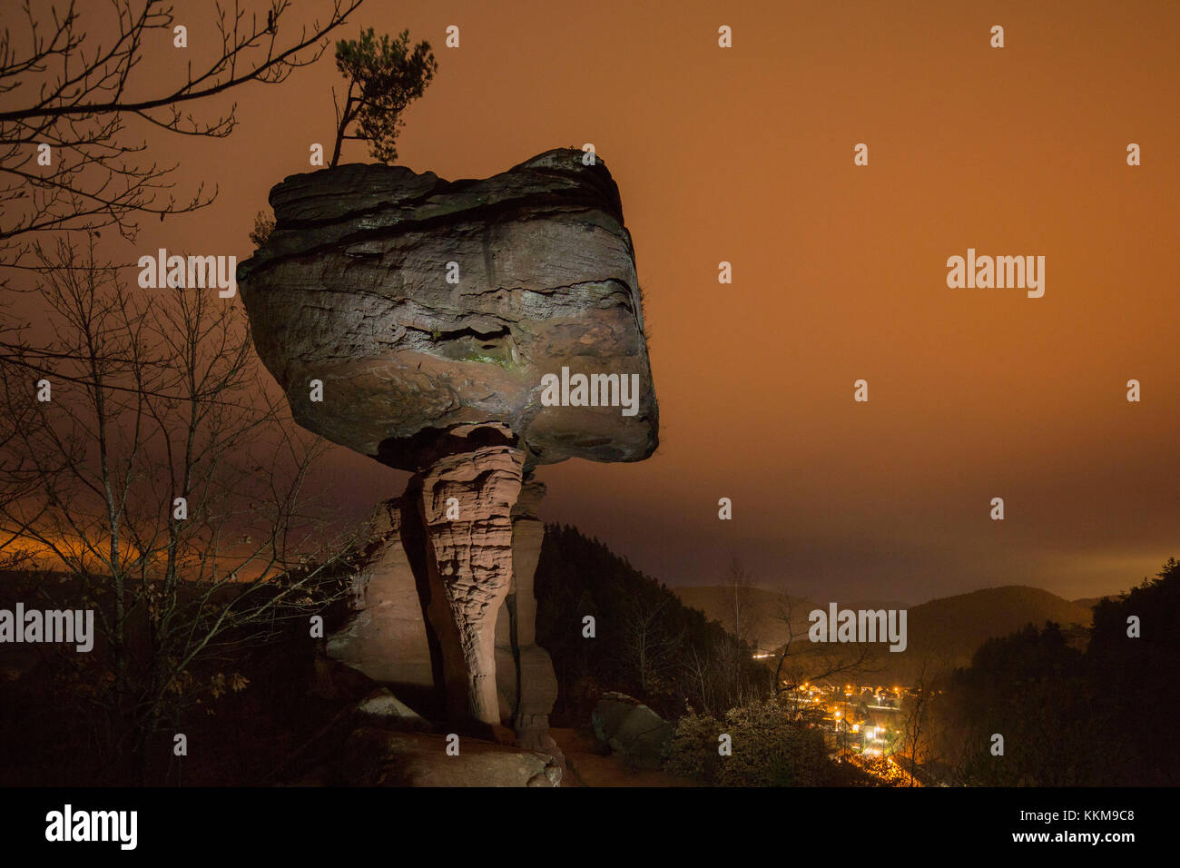 Rock formation devil's table at night, Hinterweidenthal, Palatinate ...