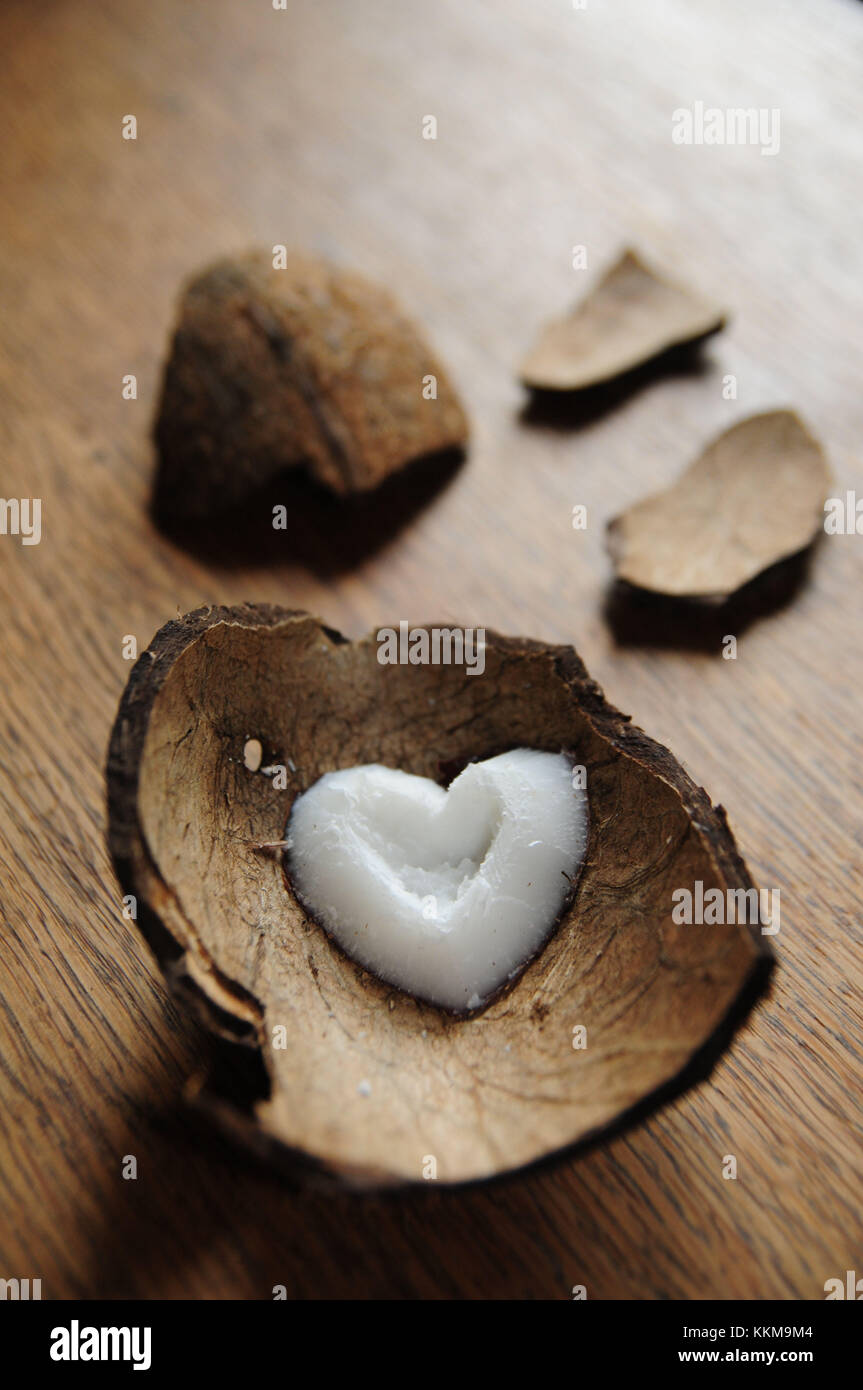 Piece of coconut peel with heart of coconut on dark wood, blurred peels ...