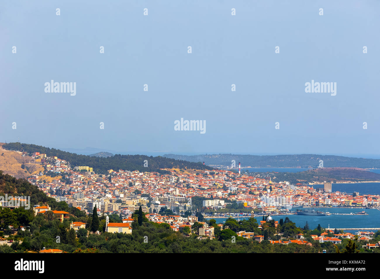 Panoramic shot of Mytilene town in Lesvos island, Greece. Mitilene is ...