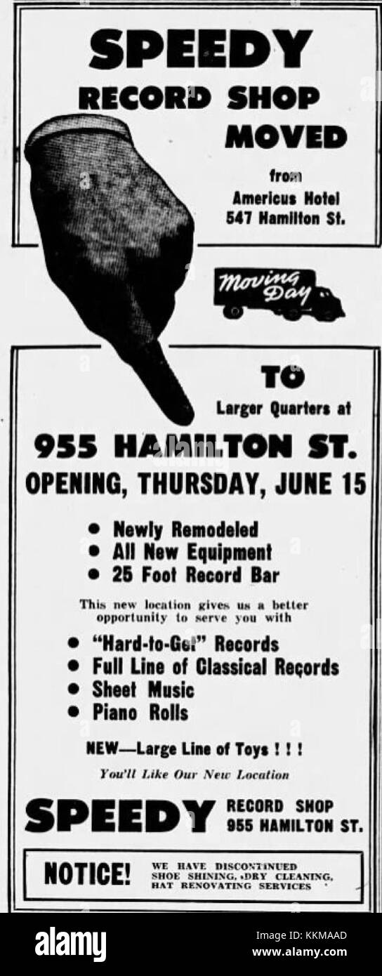 This advertisement from 1944 for Speedy’s Record Shop in Allentown ...