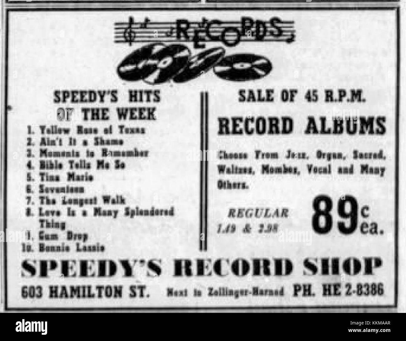 This advertisement from Speedys Record Shop in Allentown, Pennsylvania ...