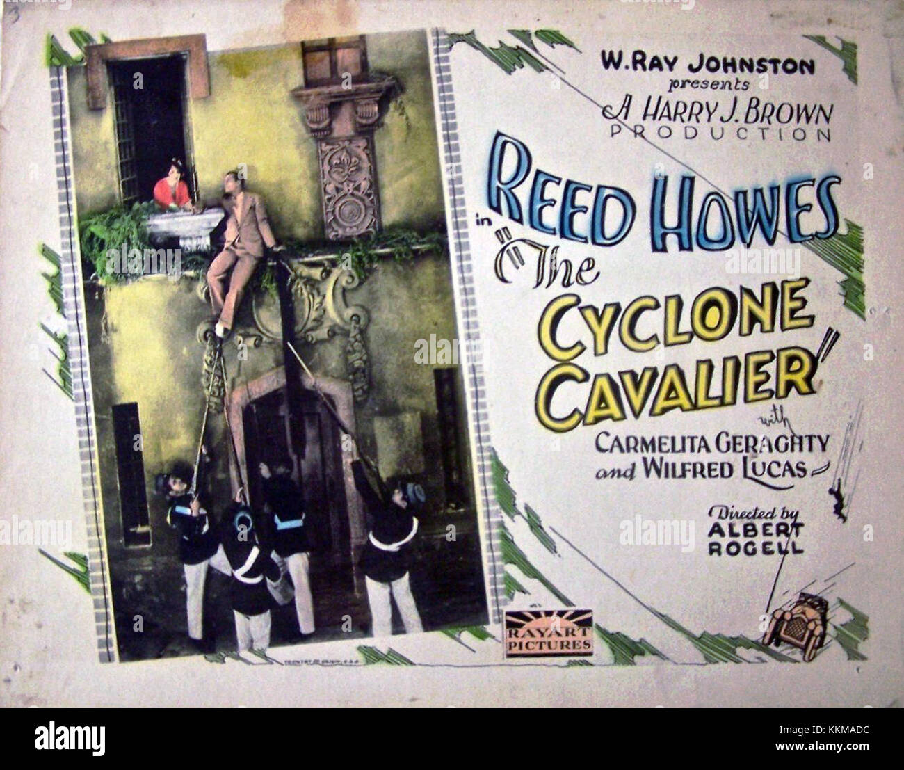 A lobby card for the 1957 film 'Cyclone Cavalier,' featuring key ...