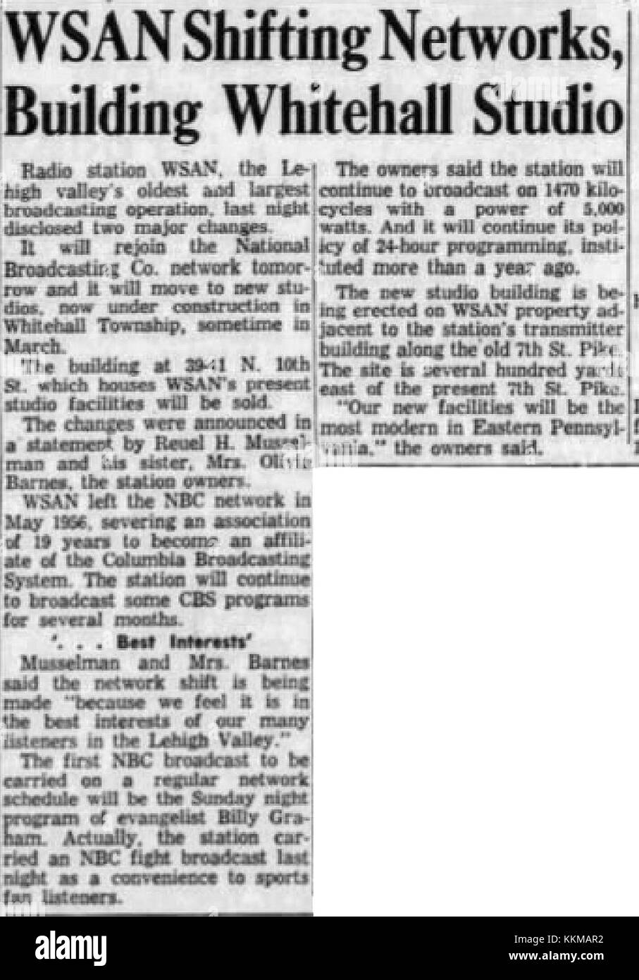 A historical document describing the move of WSAN radio station to ...