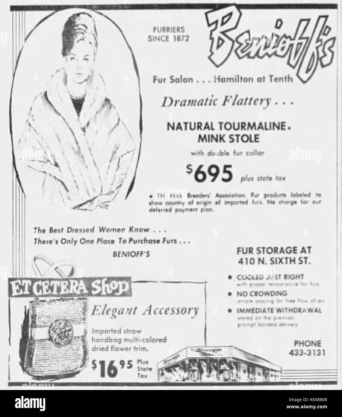 This image captures an advertisement for Benioff's Furs, a furrier ...