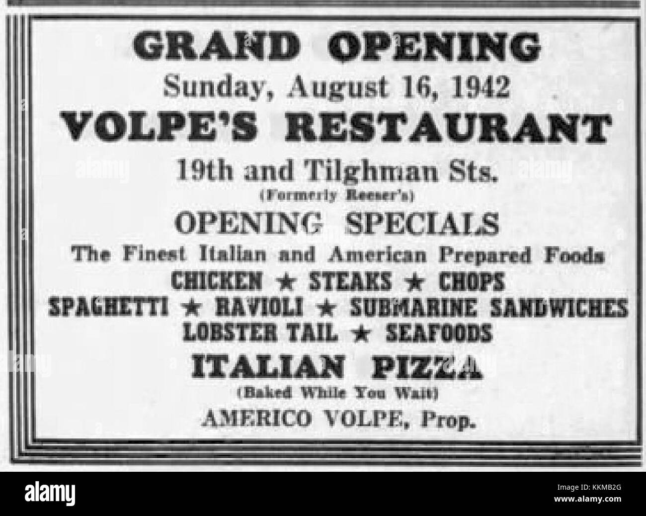 A historical photograph from August 16, 1942, of Volpe's Restaurant ...