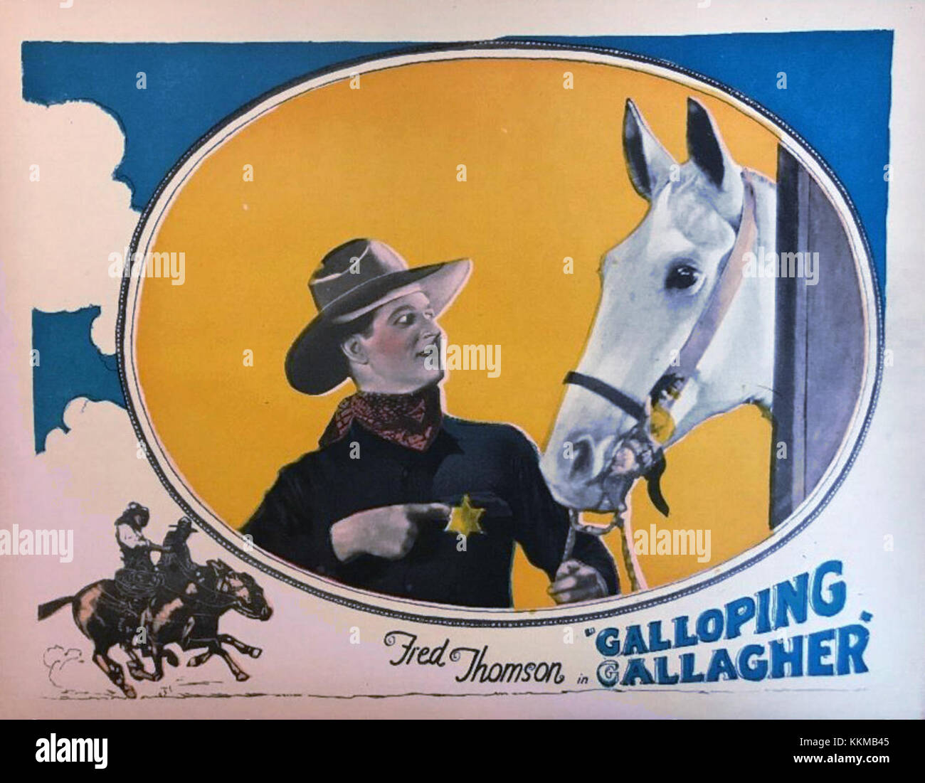 A vintage lobby card for the film 'Galloping Gallagher,' featuring ...