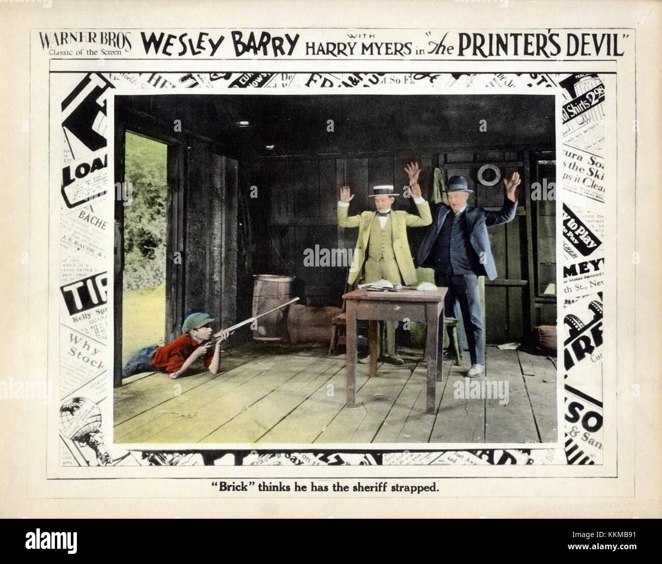 A lobby card for the film 'Printer's Devil,' highlighting key scenes ...