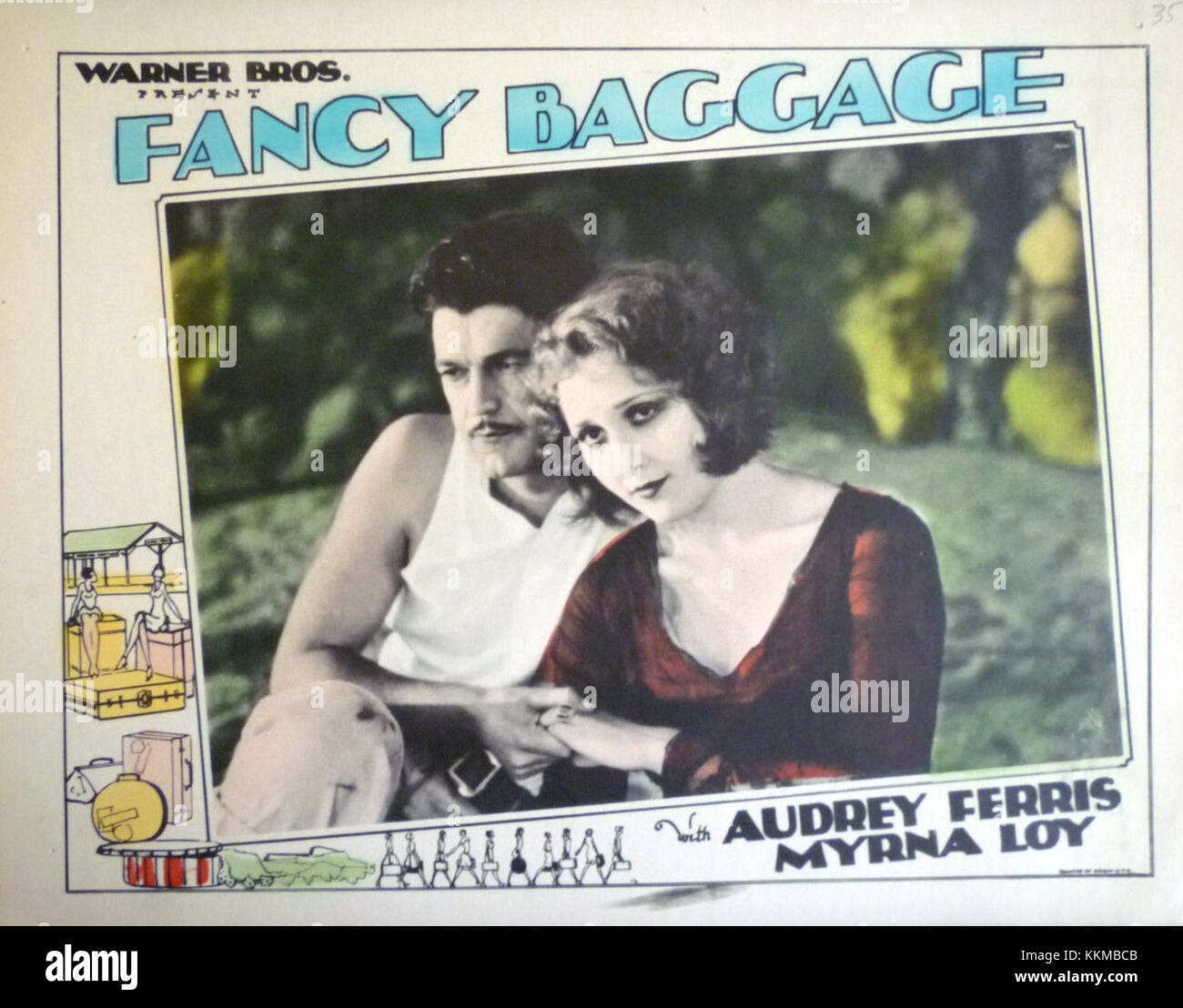This lobby card showcases an image from the film 'Fancy Baggage,' a ...