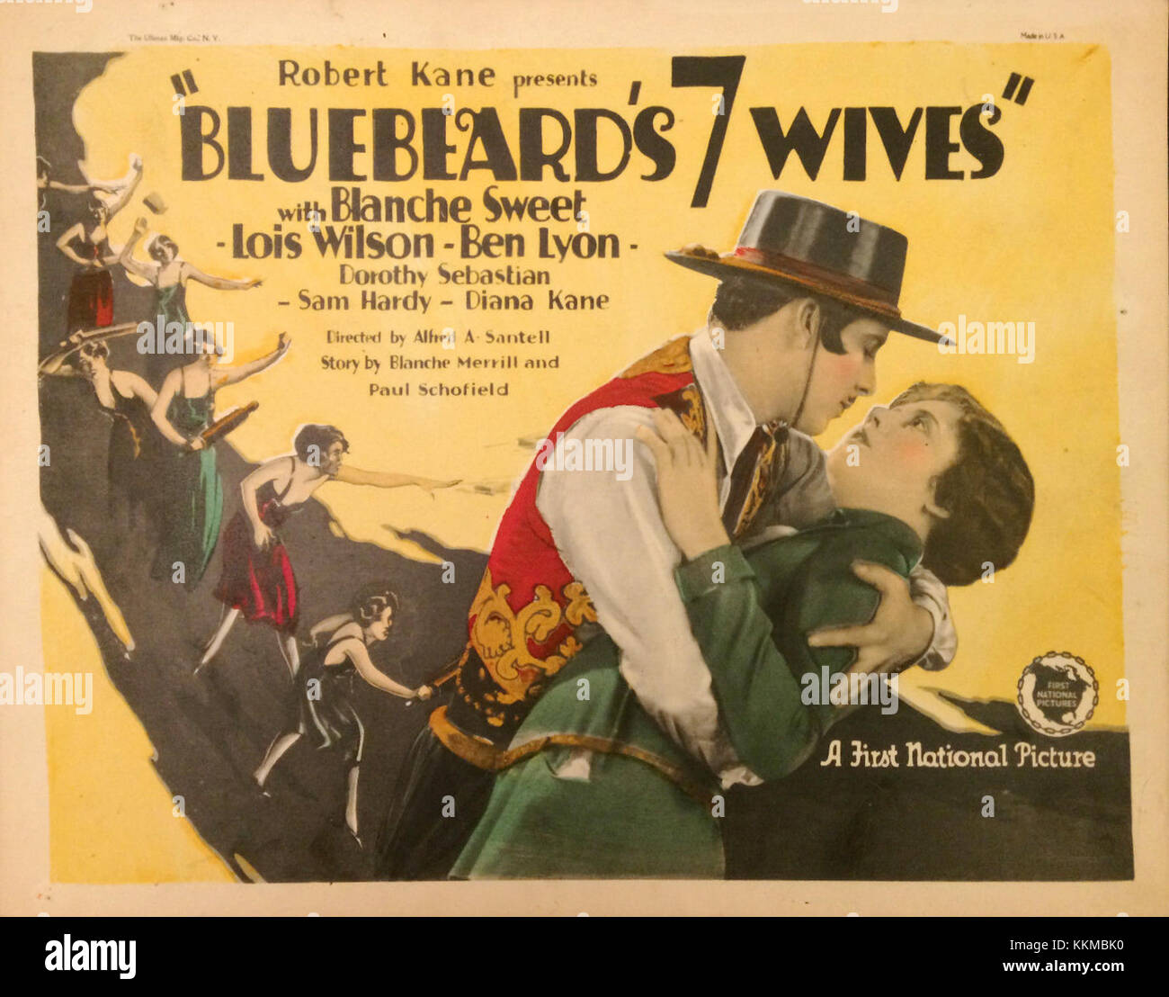 A lobby card for the film *Bluebeard's Seven Wives*, featuring a ...