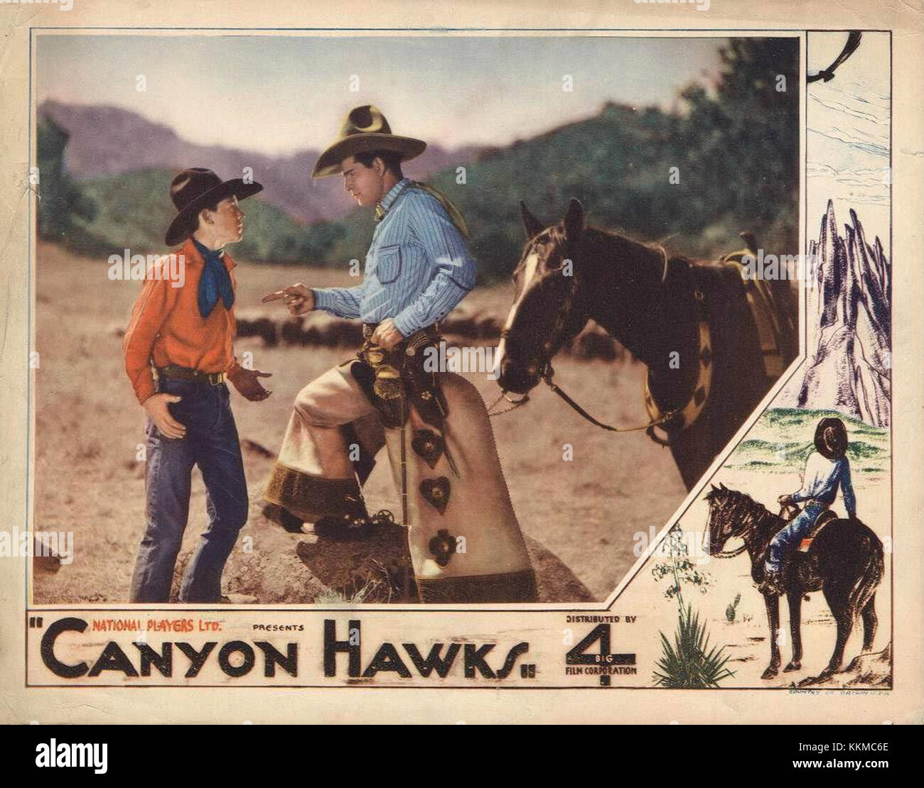 The lobby card for the movie 'Canyon Hawks,' a western film featuring daring adventures set in ...