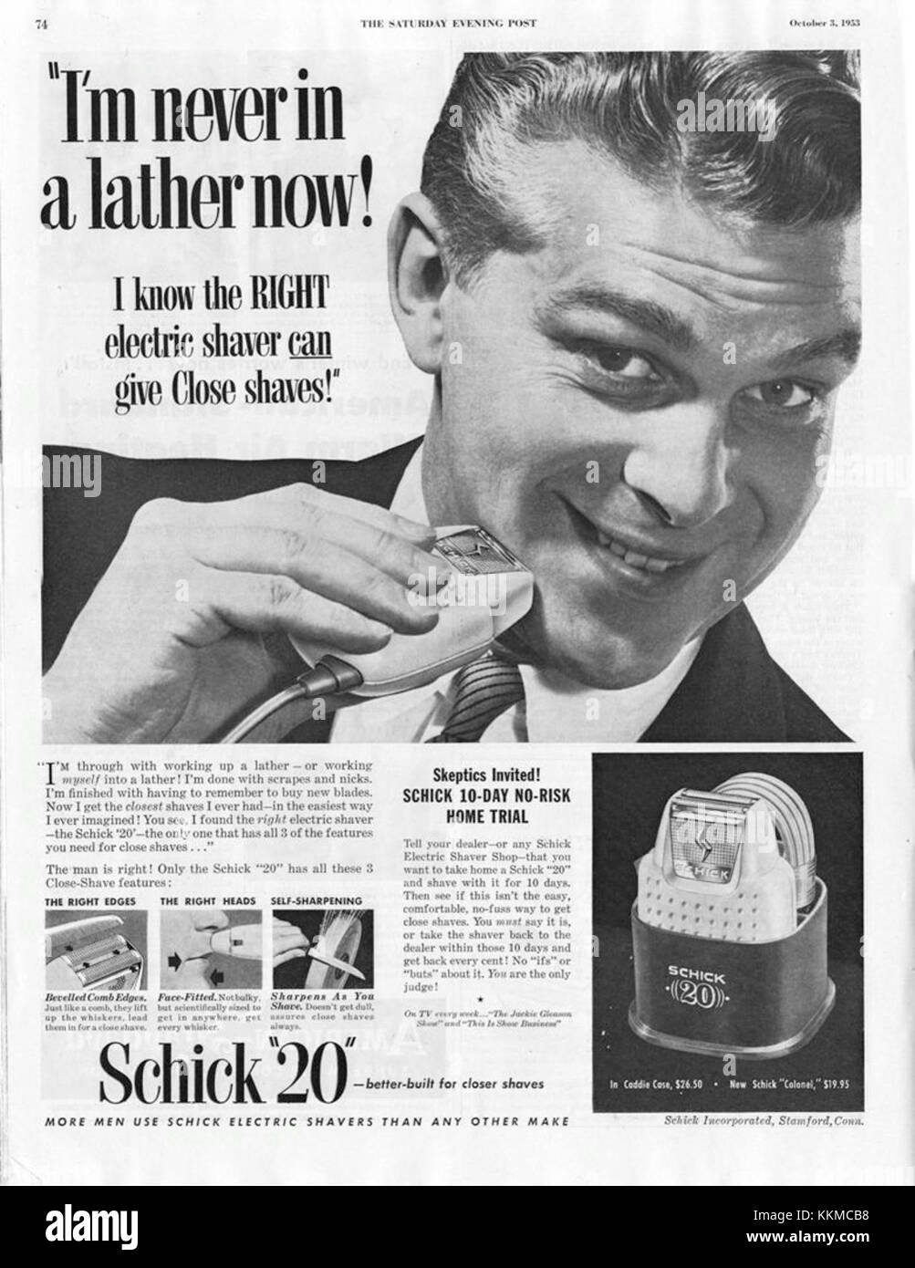 This 1953 advertisement features the Schick 20 electric shaver ...