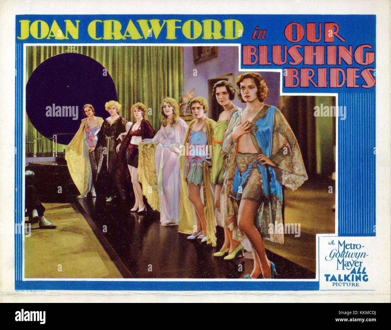 Lobby card for the 1930s film 'Our Blushing Brides,' featuring an image of the main cast. The ...