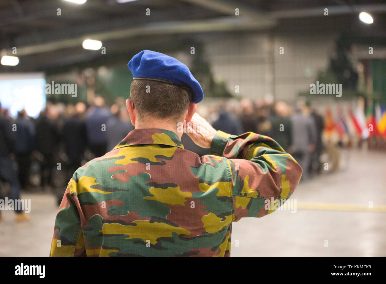 A Belgian Soldier salutes during the playing of the anthems during the ...