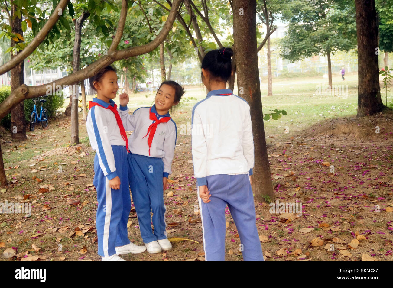Several Chinese primary school girls, playing in the park after school ...