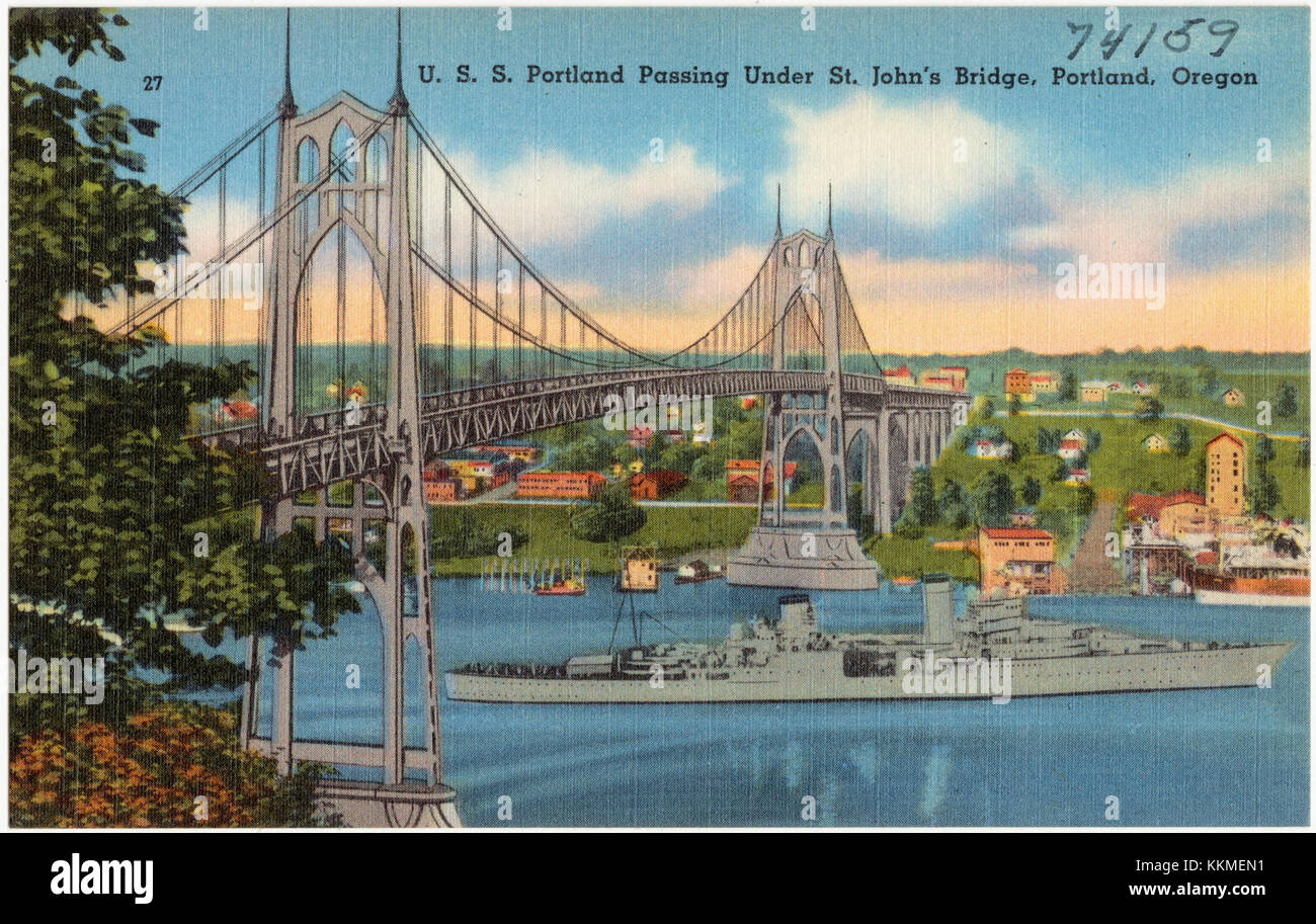 USS Portland (CA-33) passing under St. John's Bridge, Portland, Oregon ...