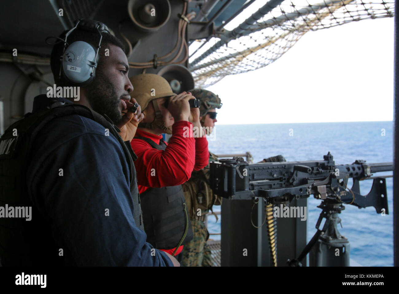 U.S. Sailors and Marines scan for targets in the Atlantic Ocean during ...