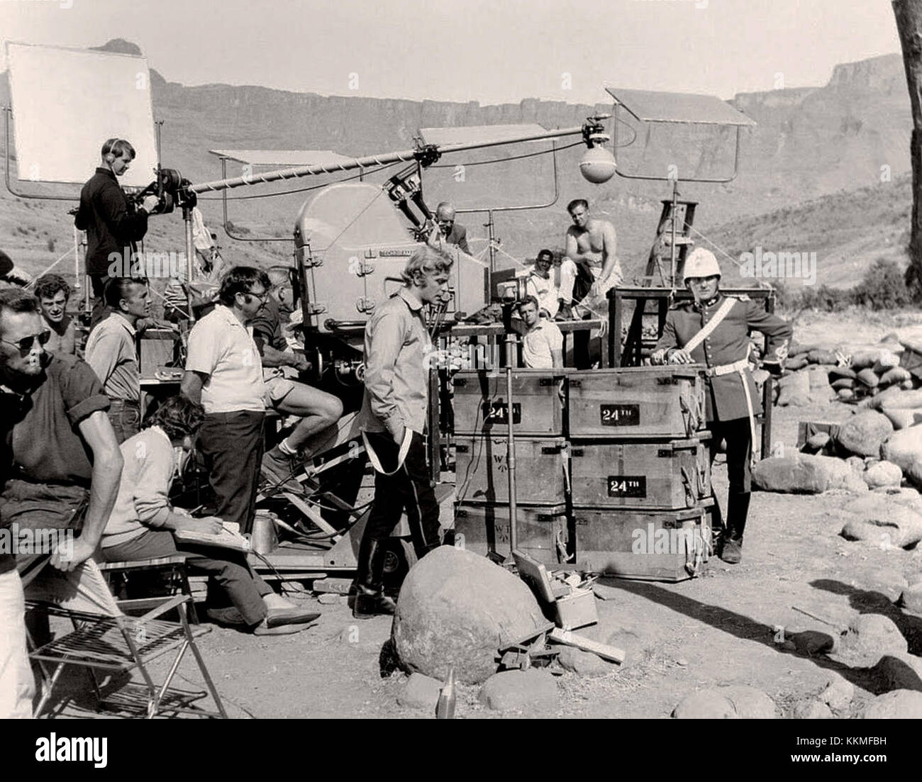 A behind-the-scenes image from the 1964 film *Zulu*, capturing moments ...