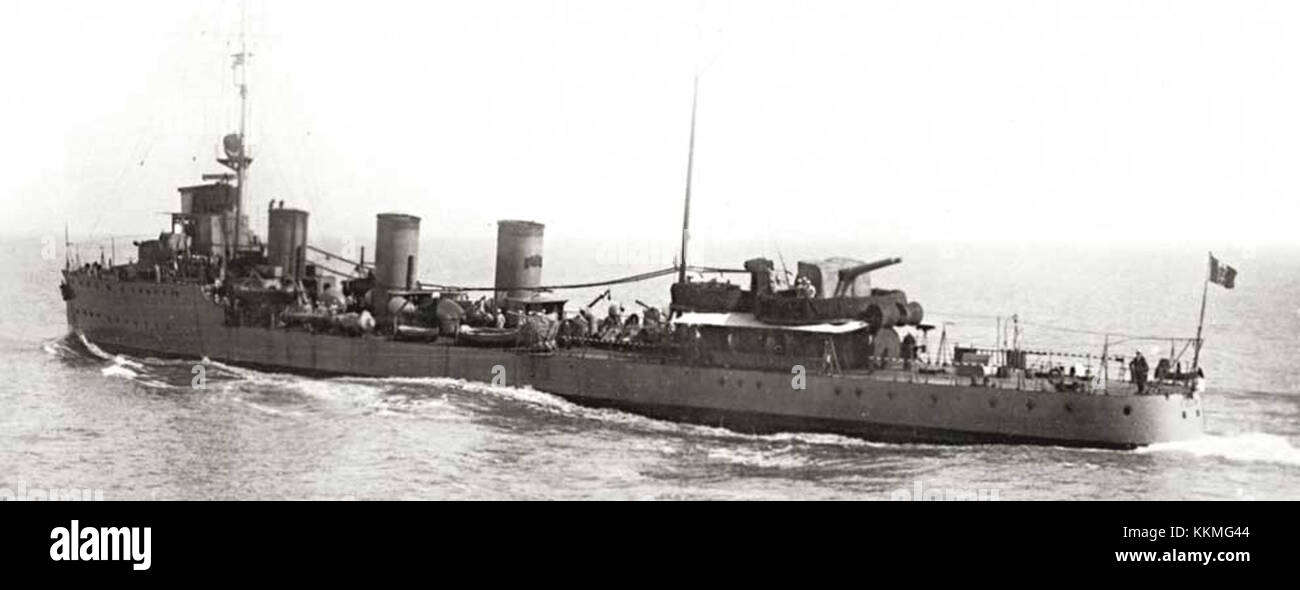 The Romanian scout cruiser MÄƒrÄƒÈ™ti is seen at sea, reflecting its ...