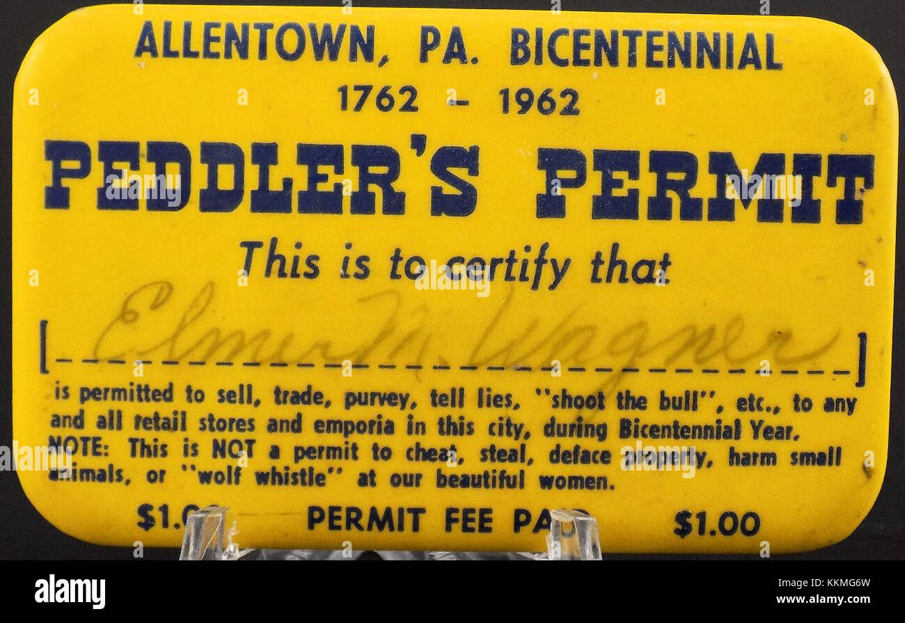 1962 - Peddlers Permit - Allentown Bicentennial - Allentown PA Stock ...