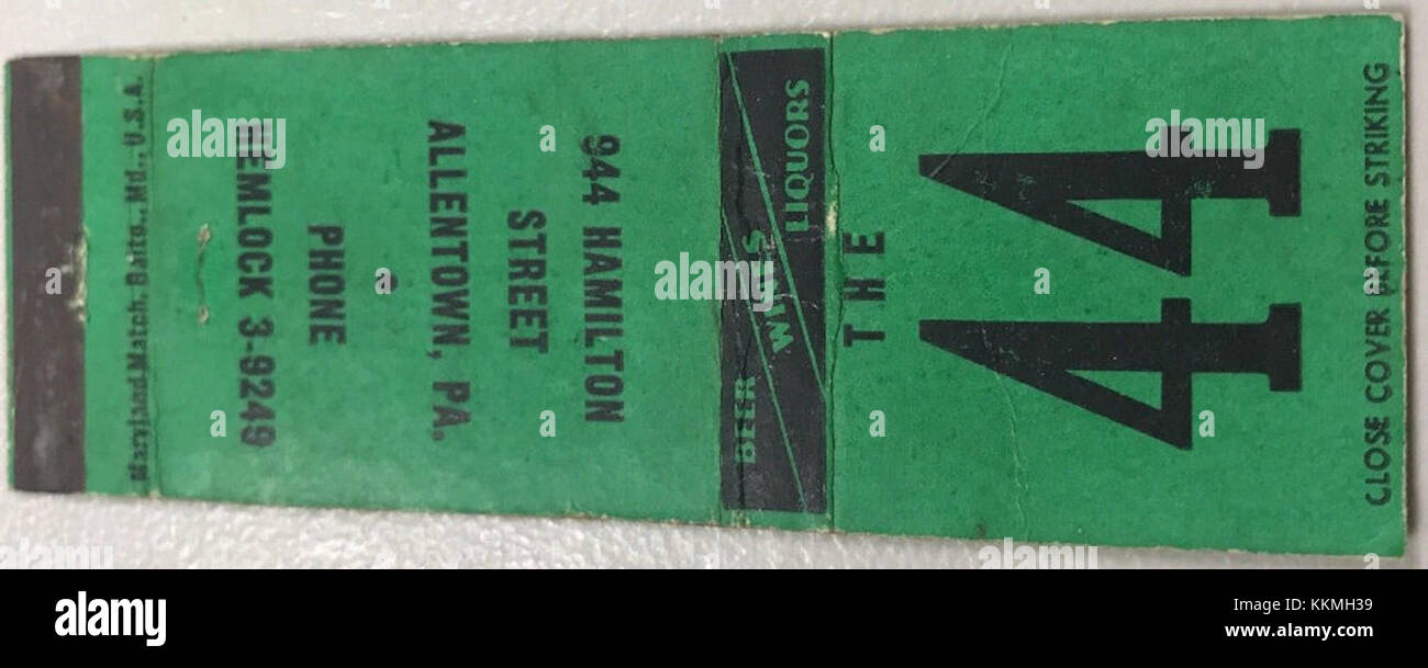 A vintage matchbook cover from the 44 Club in Allentown, Pennsylvania ...