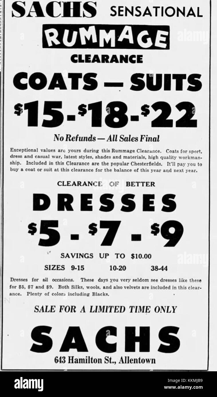 This 1945 advertisement for Sachs in Allentown, Pennsylvania, reflects ...