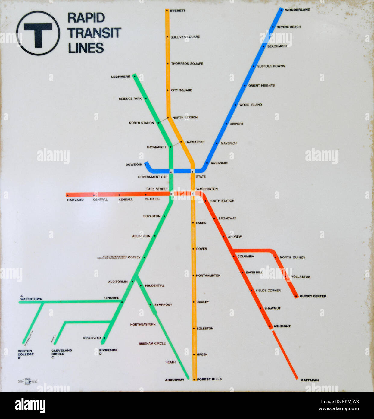 The 1971 MBTA rapid transit map shows the subway and bus routes of the ...