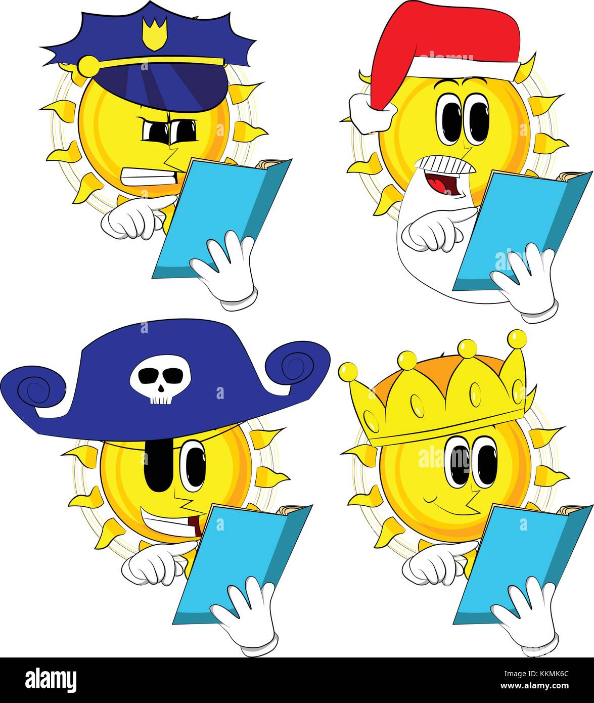 Cartoon sun reading and pointing at an opened book. Collection with ...