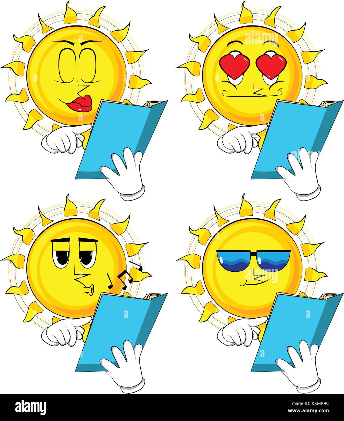 Cartoon sun reading and pointing at an opened book. Collection with ...