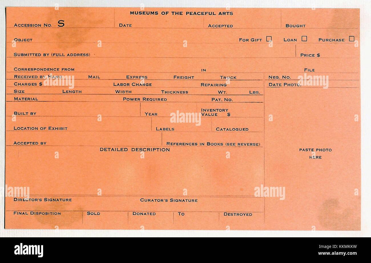 This accession form refers to an item in the Museum of the Peaceful ...
