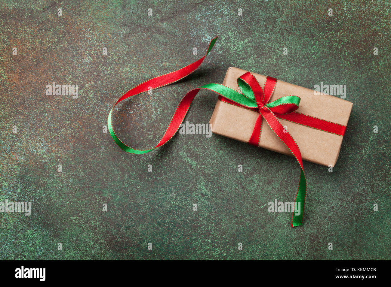 Christmas gift box on stone table. Top view with space for your ...
