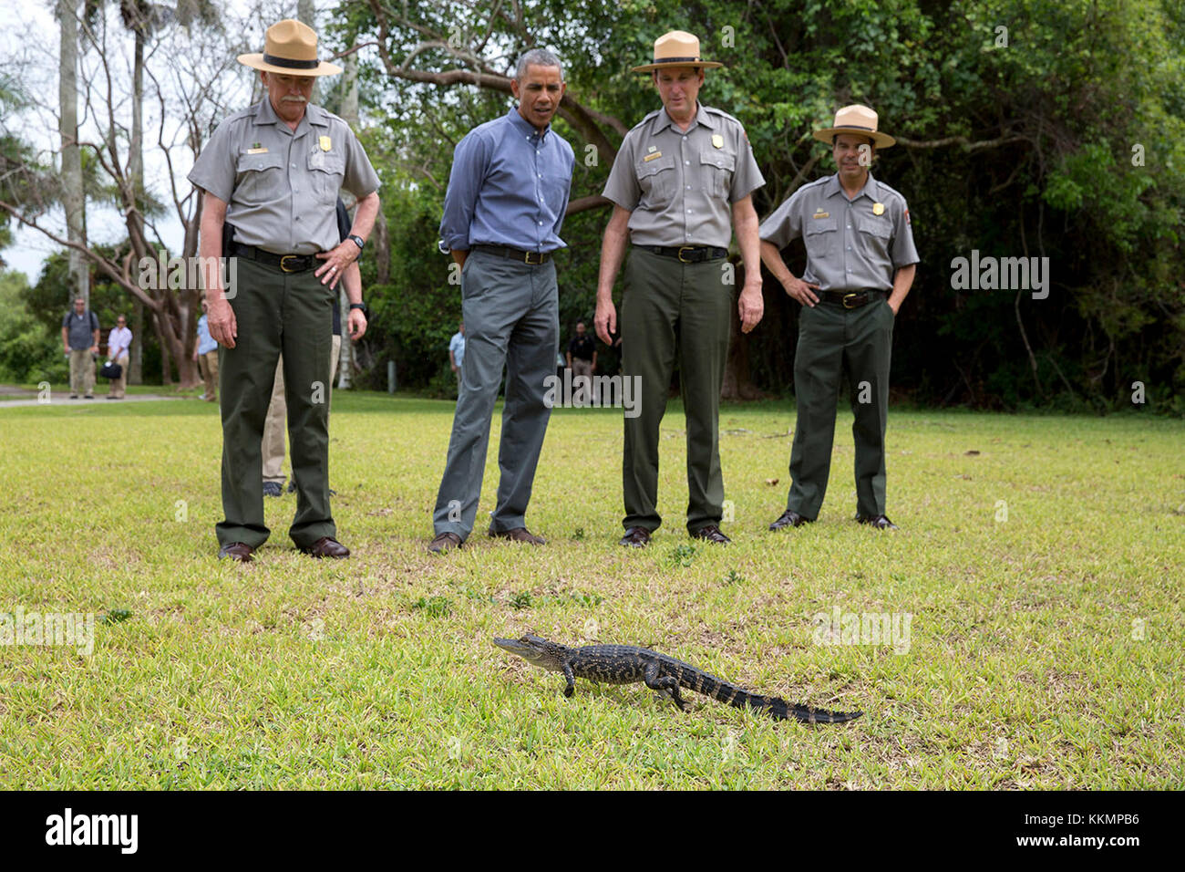 President Barack Obama and U.S. Park Service rangers view a small ...