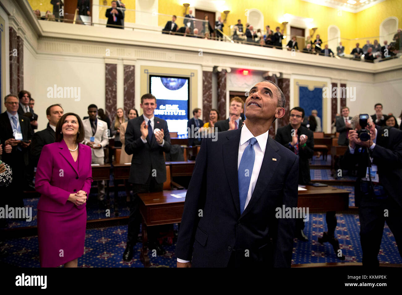 President Barack Obama is applauded in the Senate Chamber replica ...