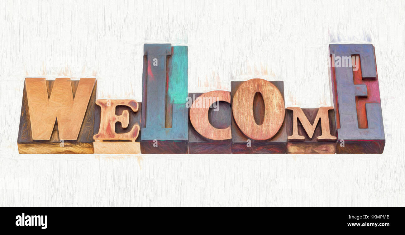 Welcome word abstract- text in mixed vintage letterpress wood type ...