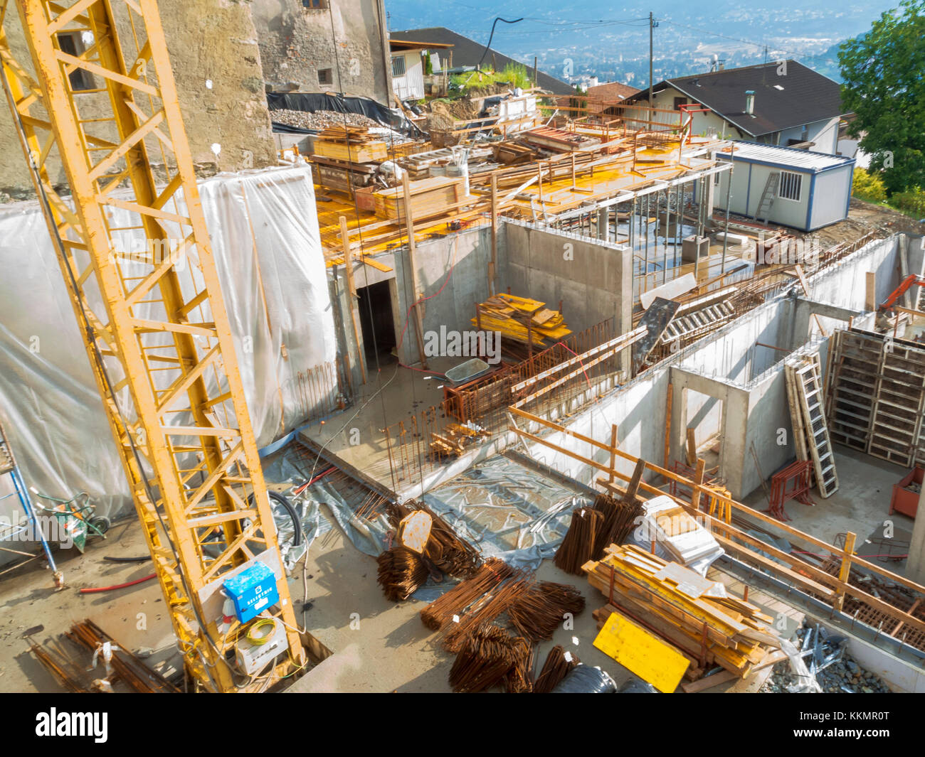 Elevated view on a construction site in Scena above Merano in summer ...