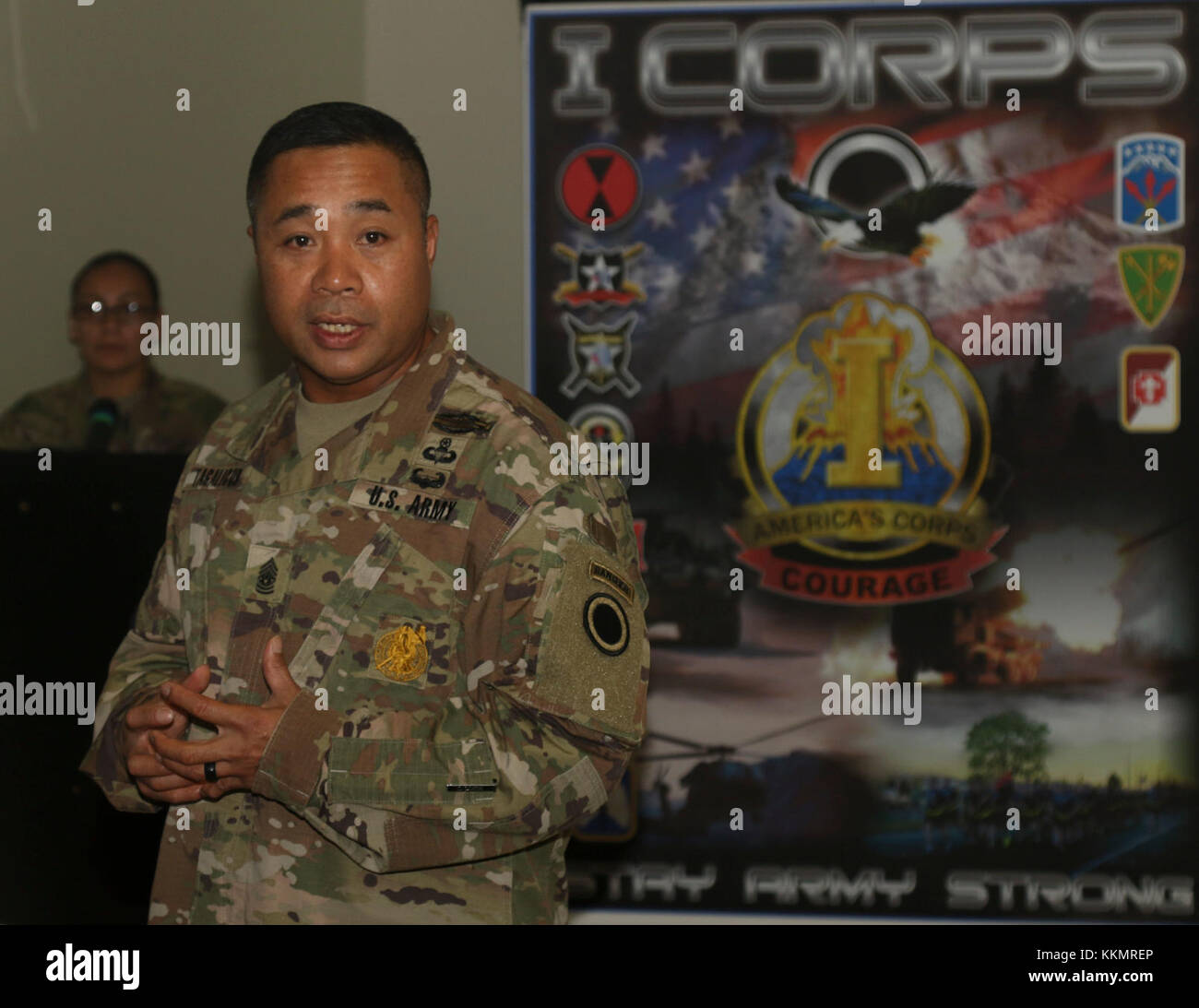 I Corps Command Sgt. Maj. Walter Tagalicud gives a speech at a ceremony ...