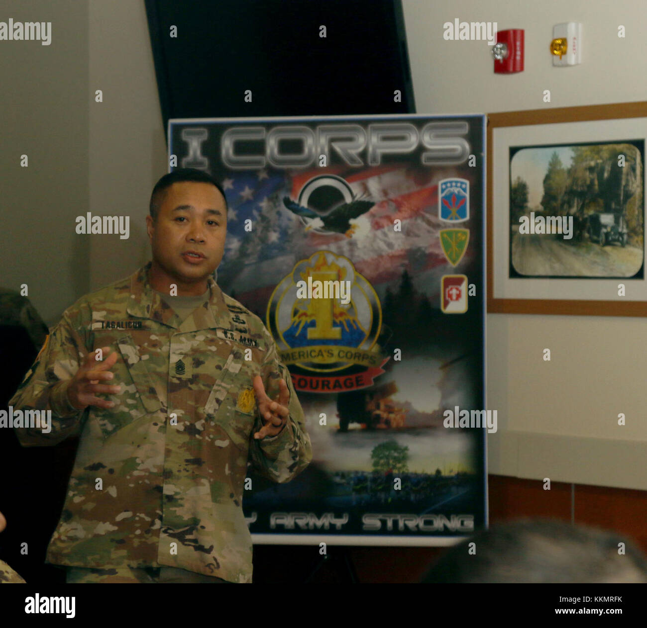 I Corps Command Sgt. Maj. Walter Tagalicud gives a speech at a ceremony ...