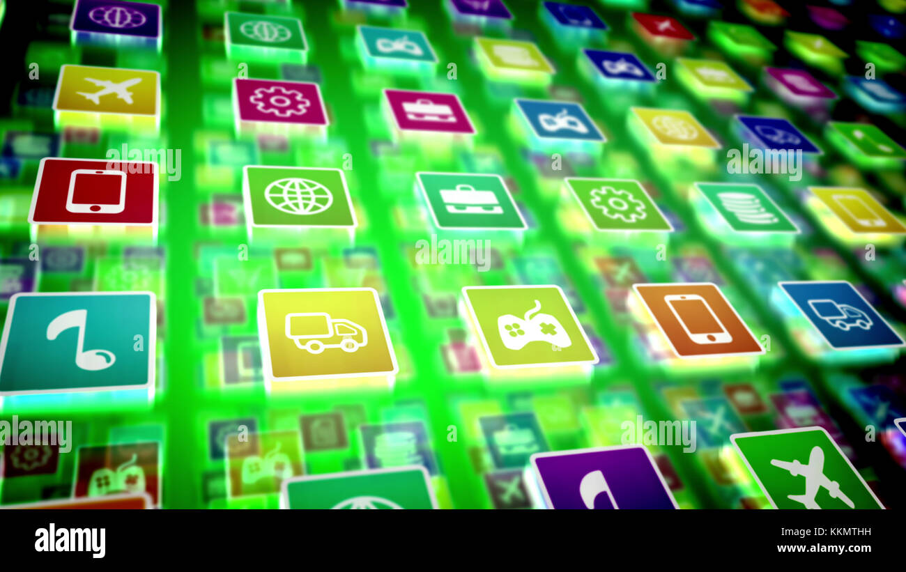 A multilayered 3d rendering of salient mobile application icons on a pc ...