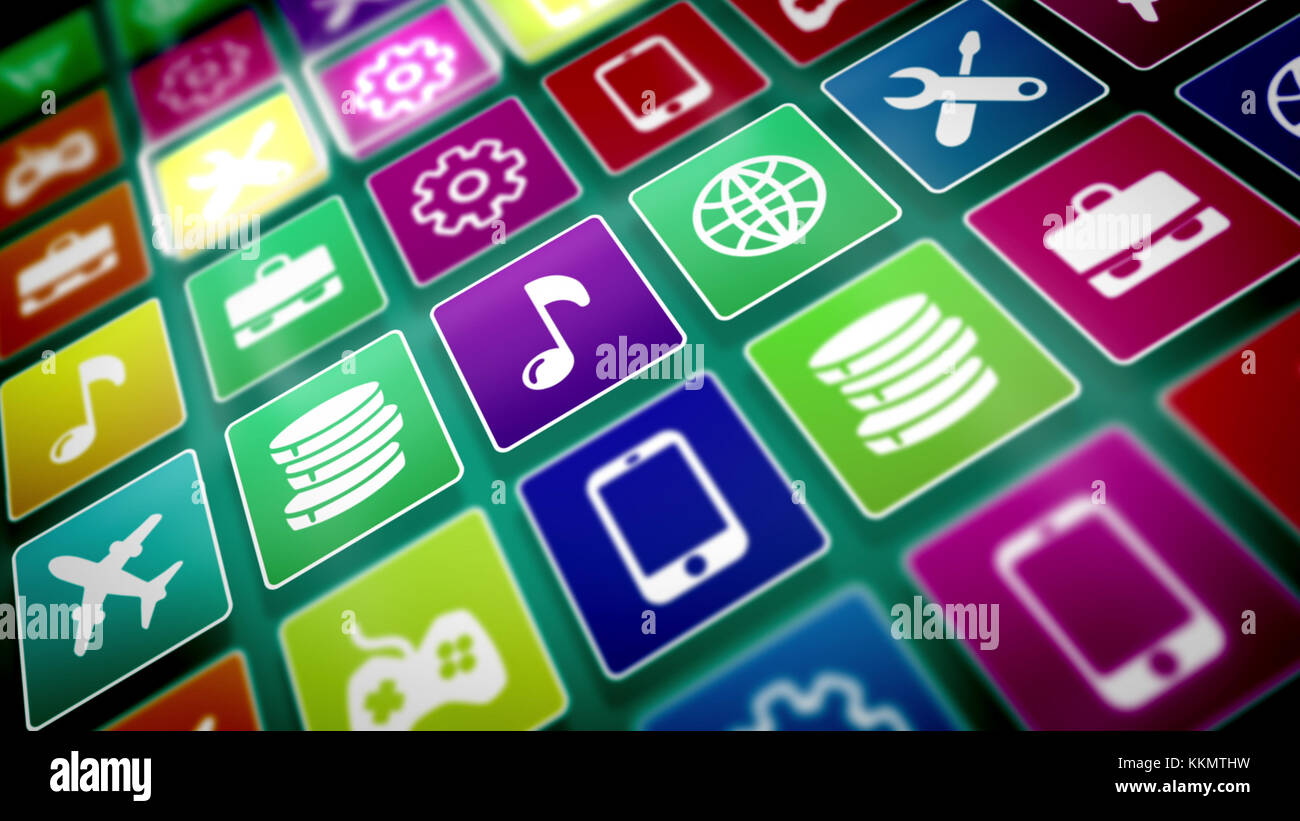 3d illustration of flat mobile application icons on a computer screen ...