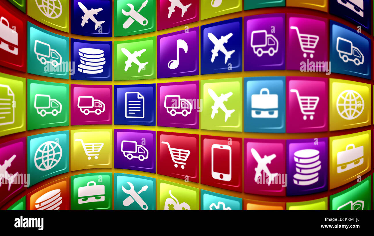 An abstract 3d rendering of wavy mobile application icons on a computer ...