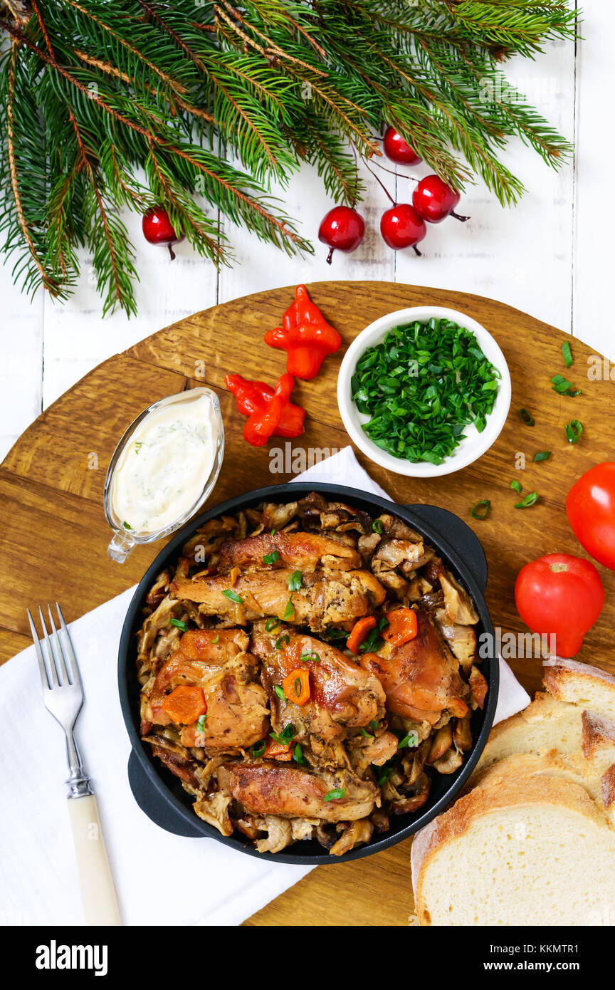 Tender rabbit meat with forest mushrooms. A dietary dish. Top view ...