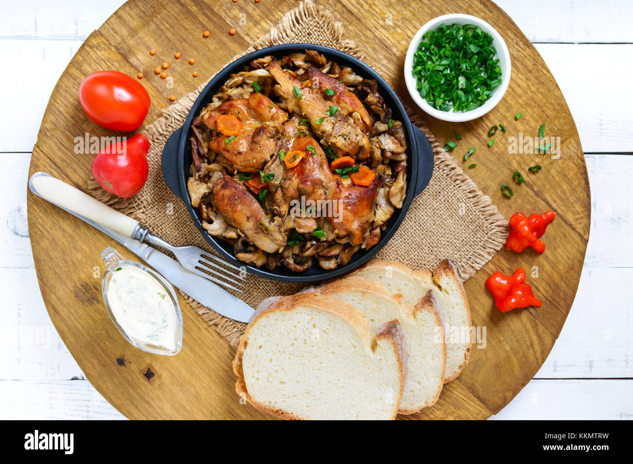 Tender rabbit meat with forest mushrooms. A dietary dish. Top view ...