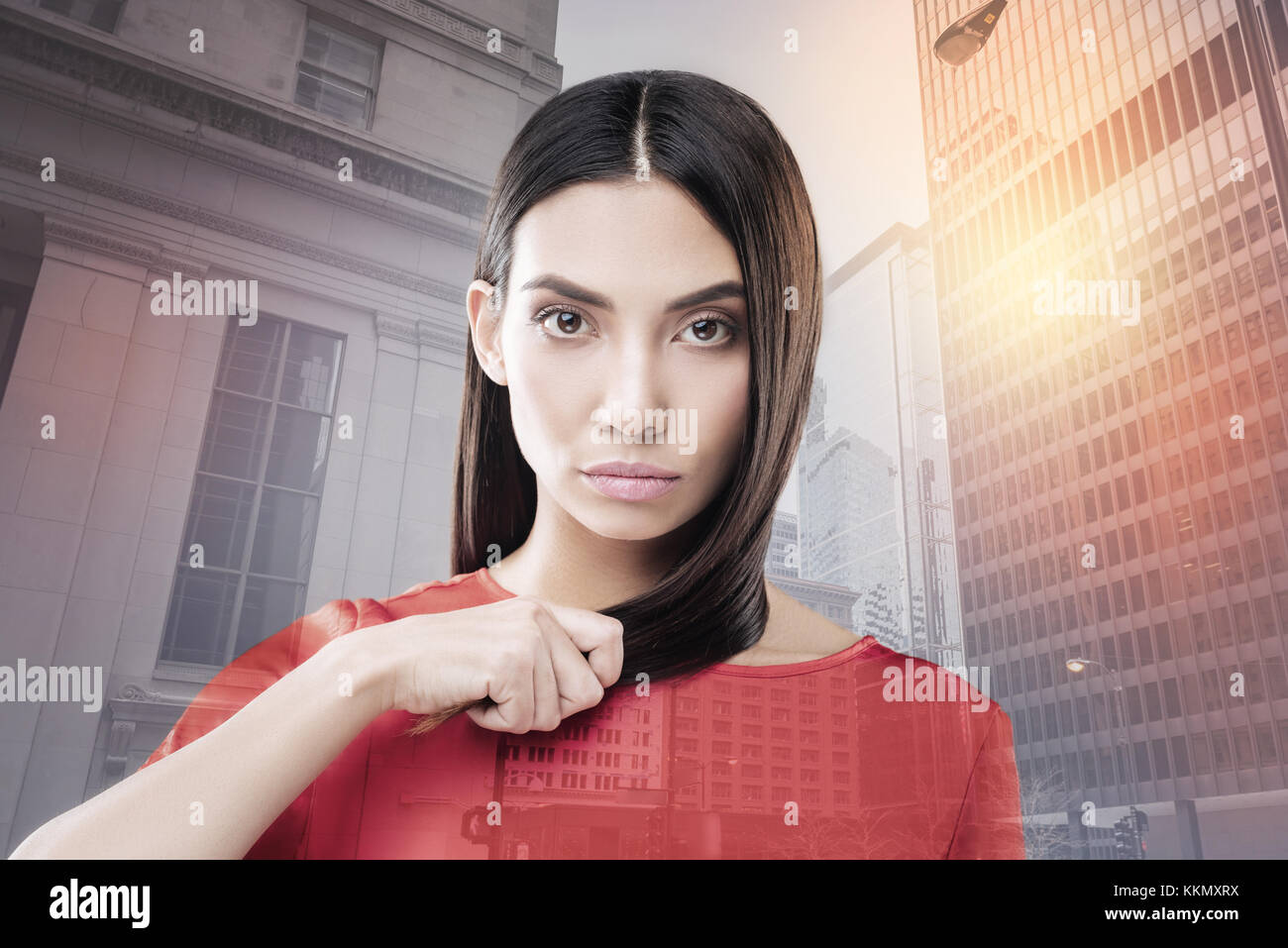 Attentive brunette woman showing her emotions Stock Photo - Alamy